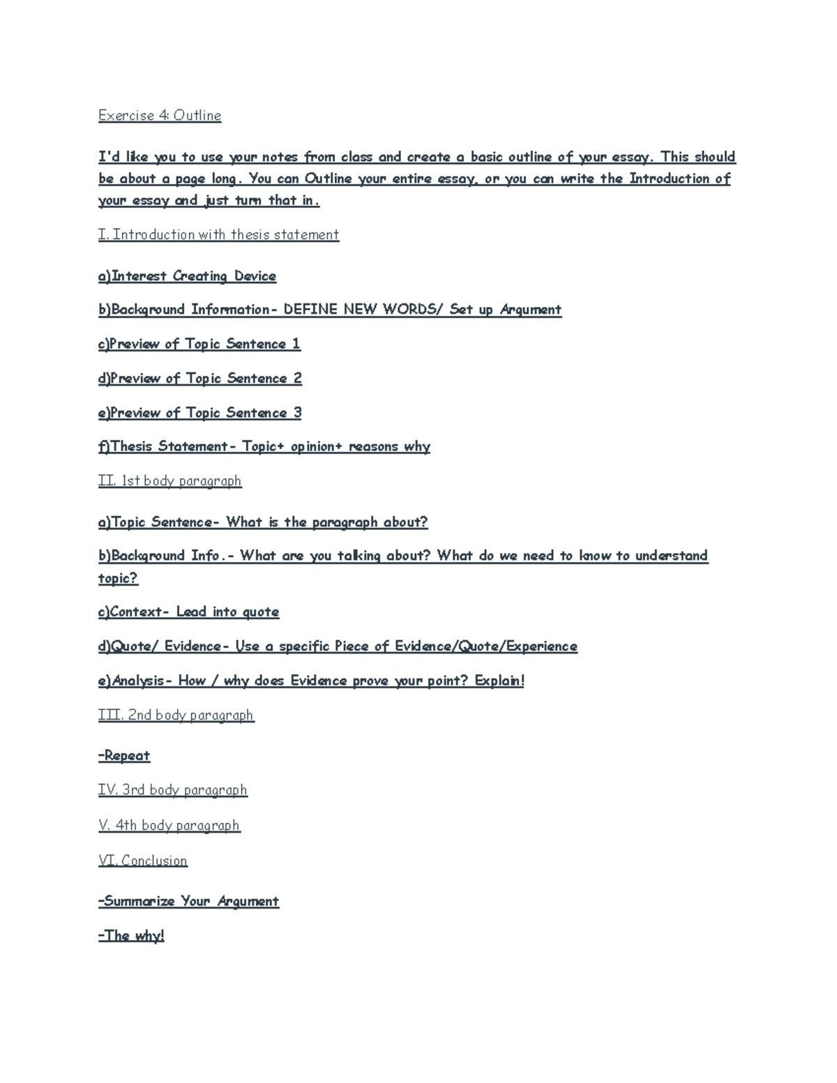 Essay 1, Exercise 4 Outline due Sept 14 - Exercise 4: Outline I'd like ...