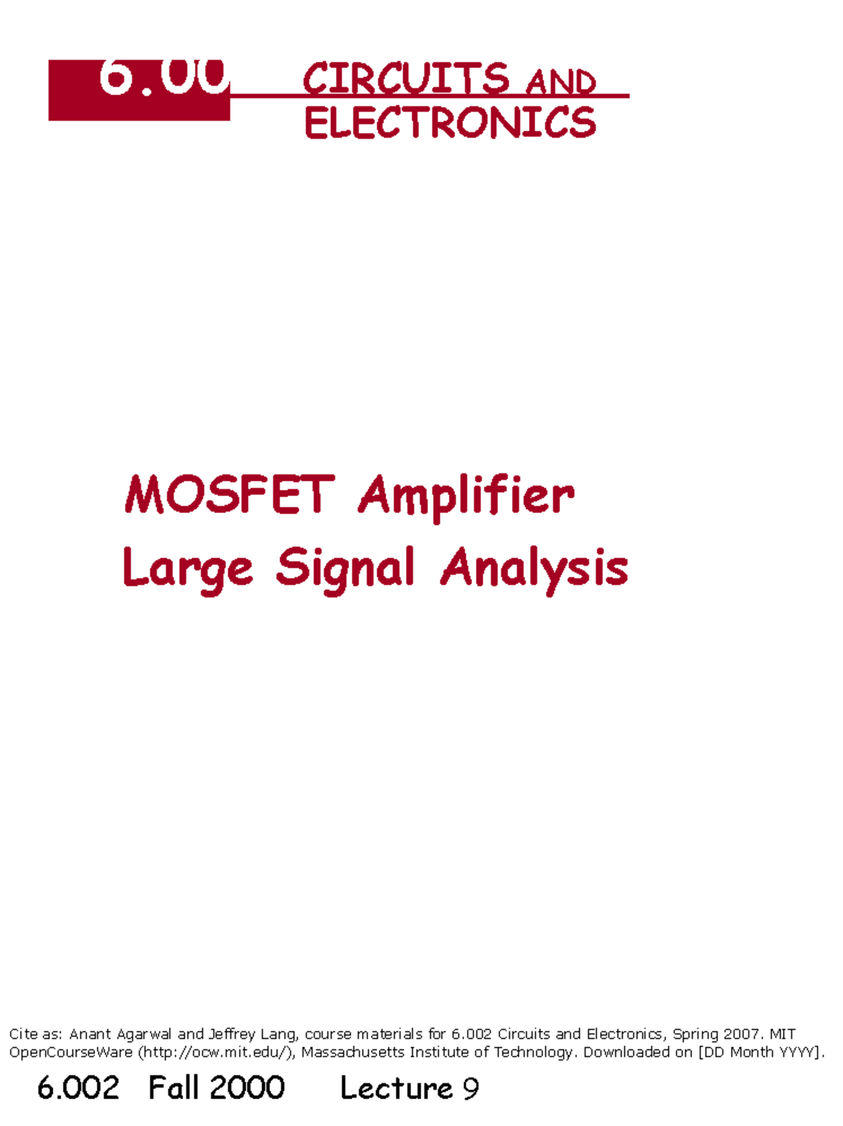 MOSFET Amplifier Large Signal Analysis - 6 CIRCUITS AND ELECTRONICS MOSFET Amplifier Large ...
