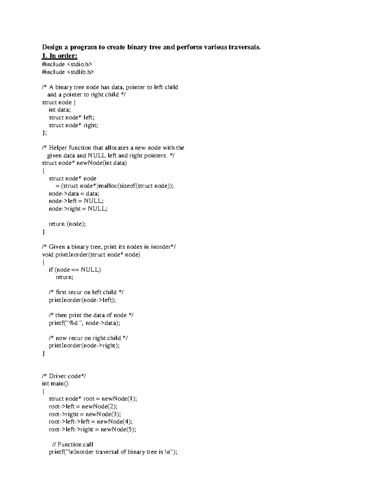 Bst Traversal Notes Design A Program To Create Binary Tree And Perform Various Traversals 1
