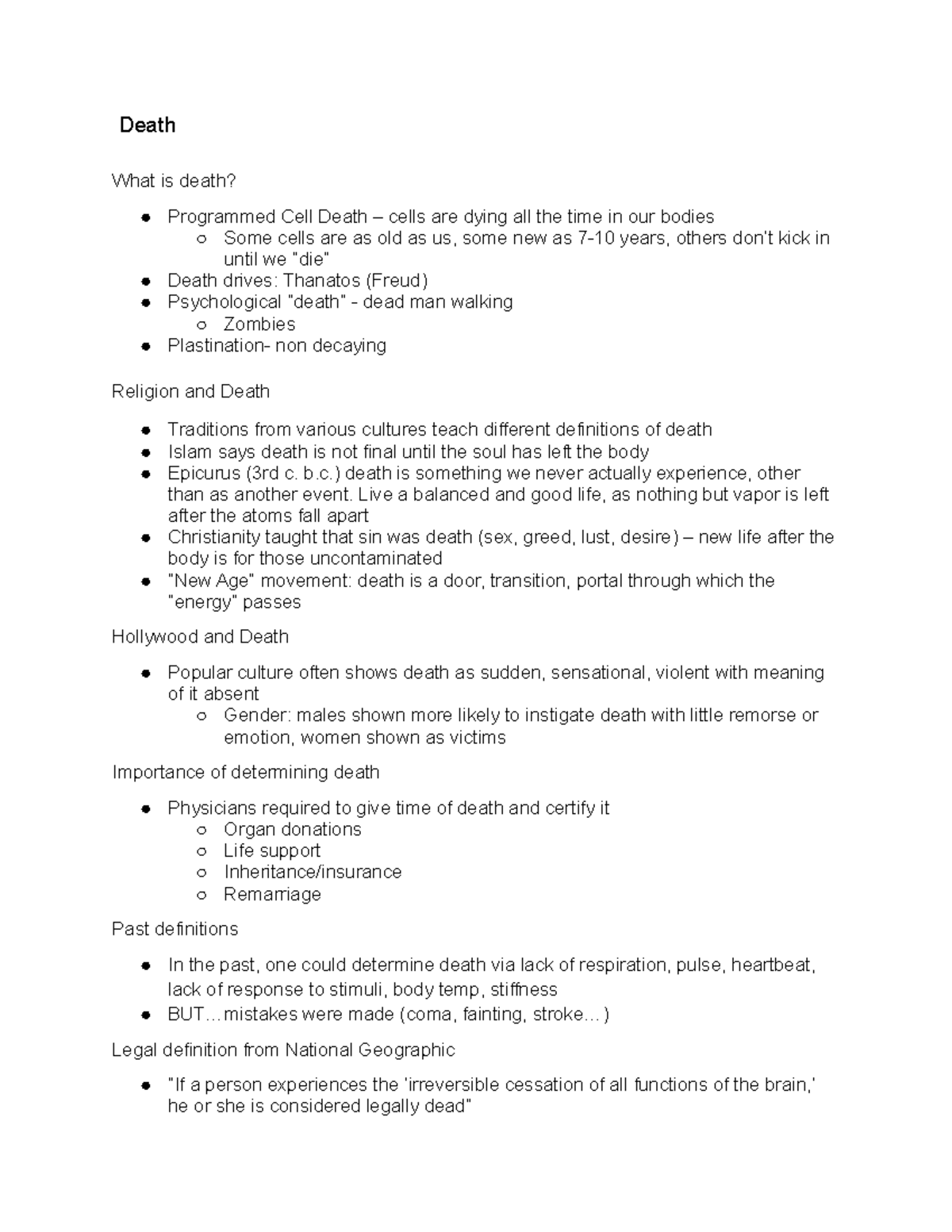 Exam 1 Study Guide - Lecture notes 1-4 - Death What is death ...