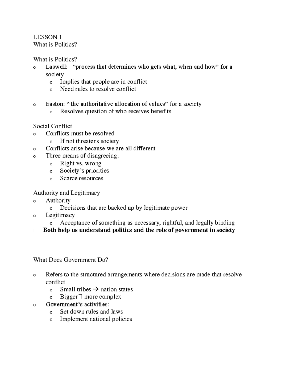 Lesson 1 outline version - LESSON 1 What is Politics? What is Politics ...