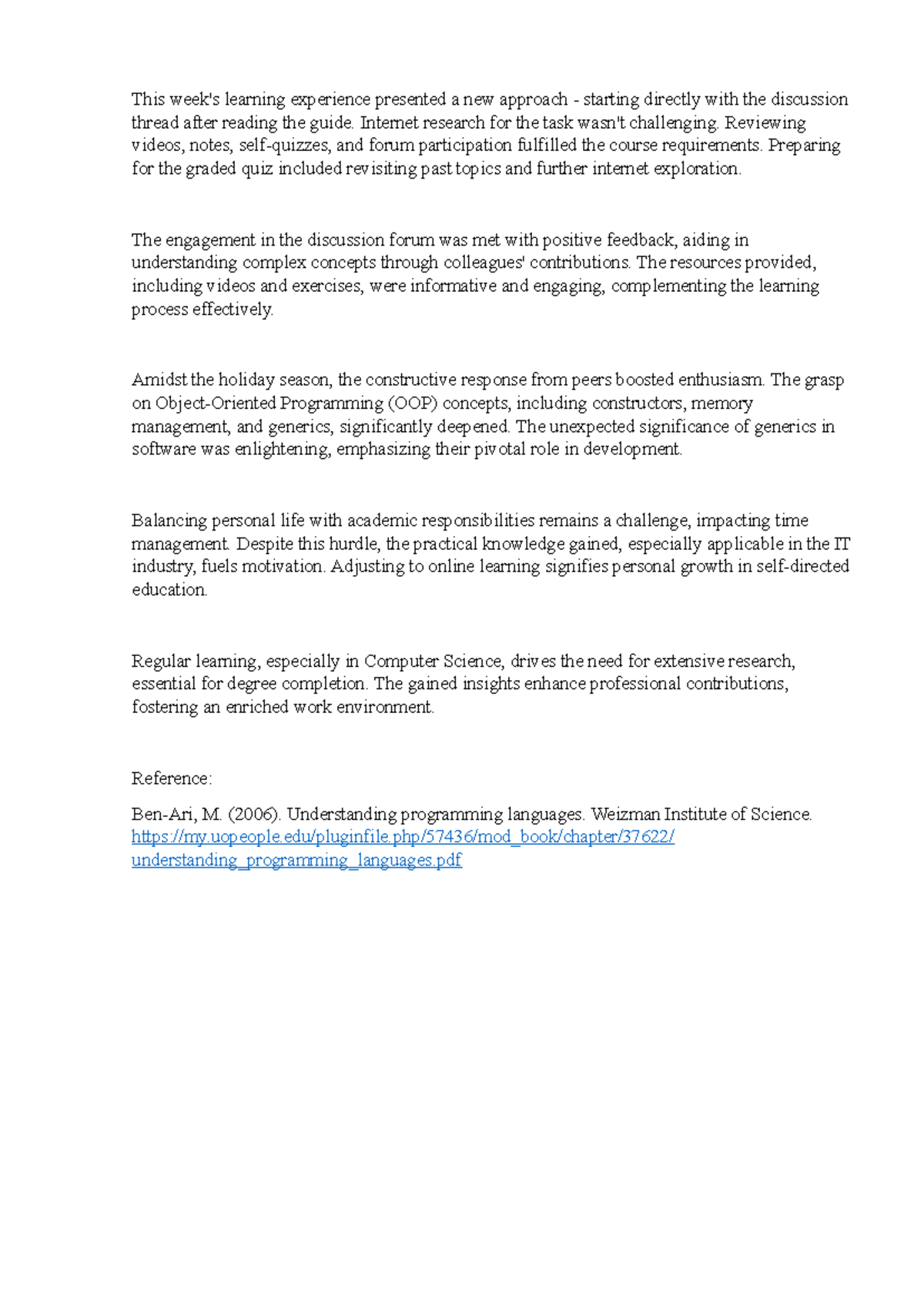 Learning Journal Unit 6 CS 4402 - This week's learning experience presented a new approach ...