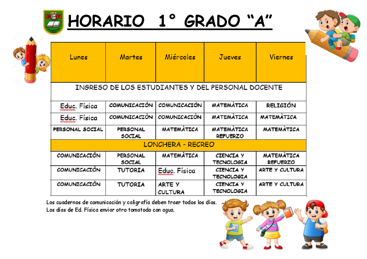 Horario grado 5C - Horario, química - HORARIO 1° GRADO “A” Los cuadernos de comunicación y - Studocu