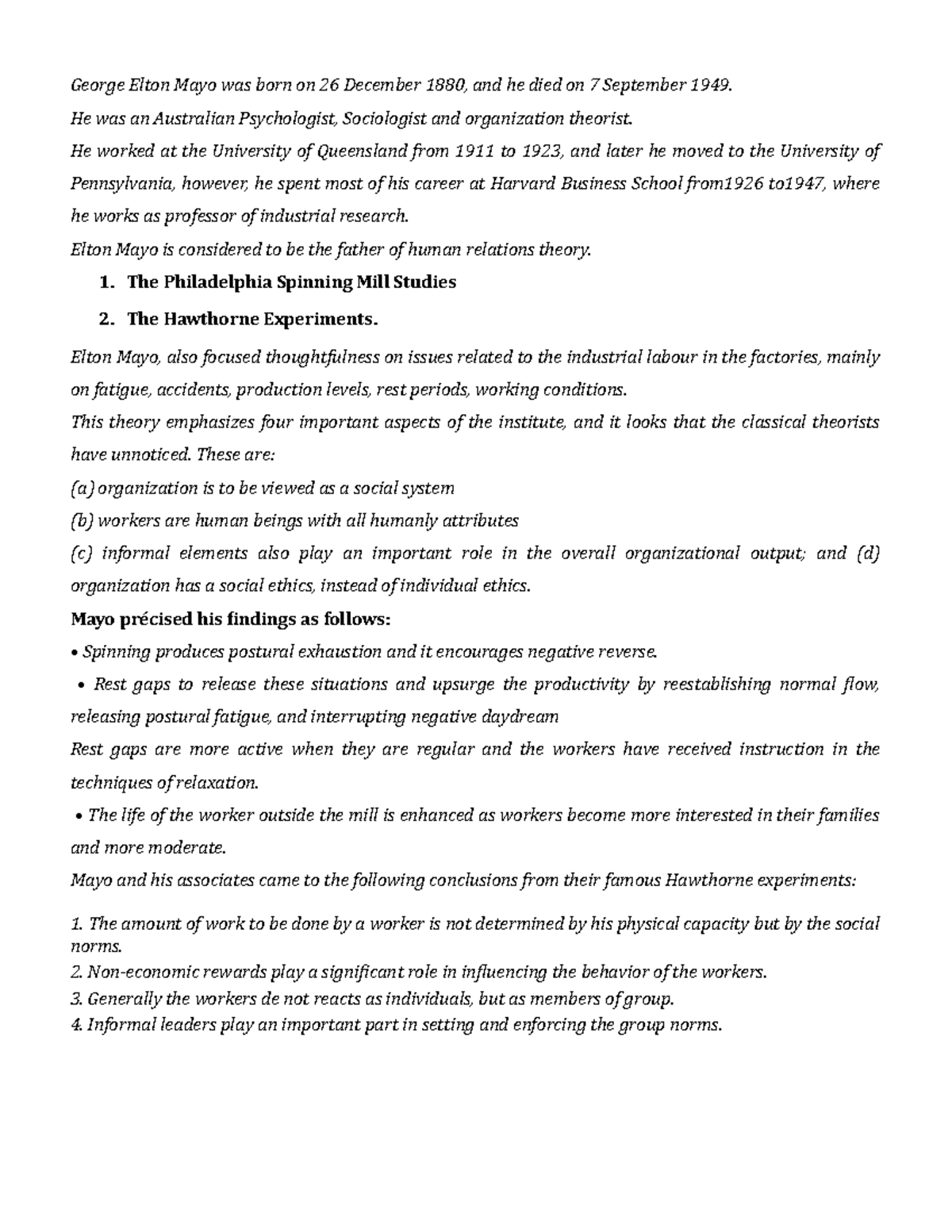 George Elton Mayo - He was an Australian Psychologist, Sociologist and ...