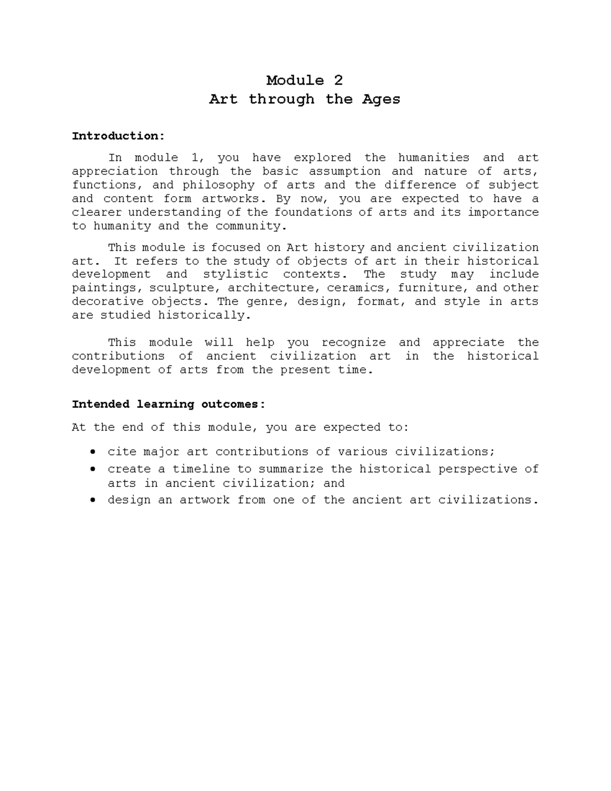 ART Module 2 Student - okayy - Module 2 Art through the Ages ...