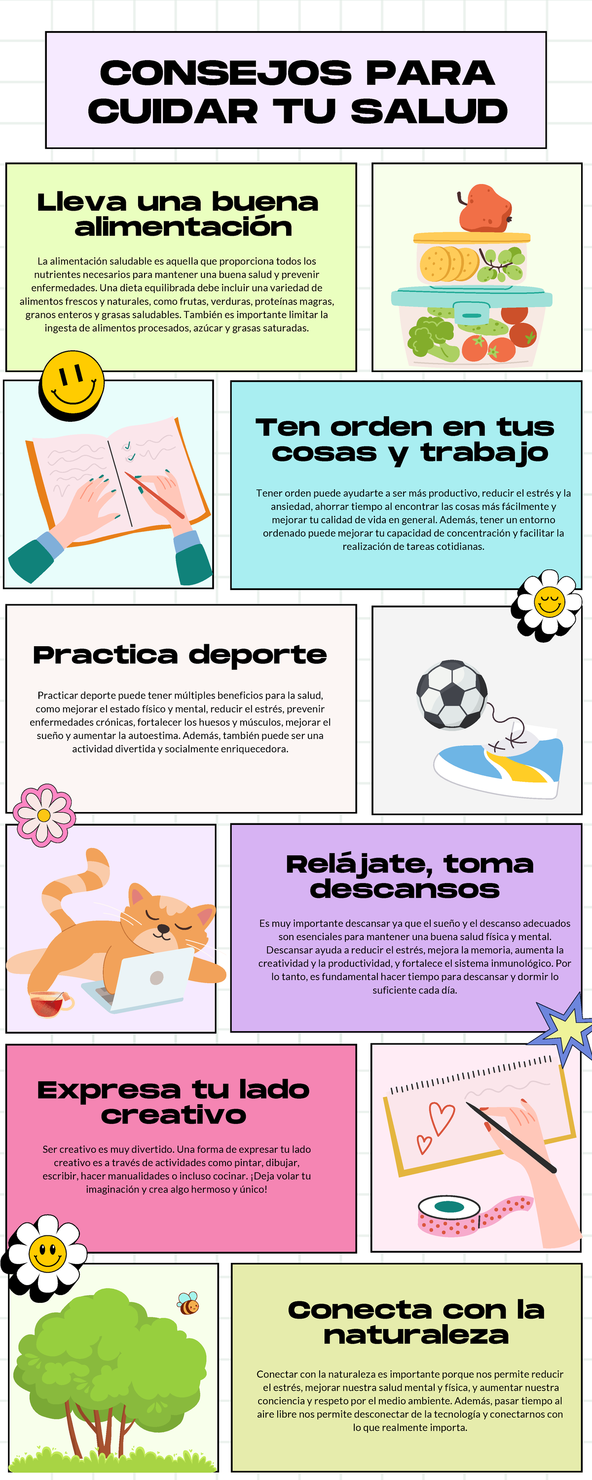 Infografía consejos para cuidar tu salud divertido colorido - Practicar ...