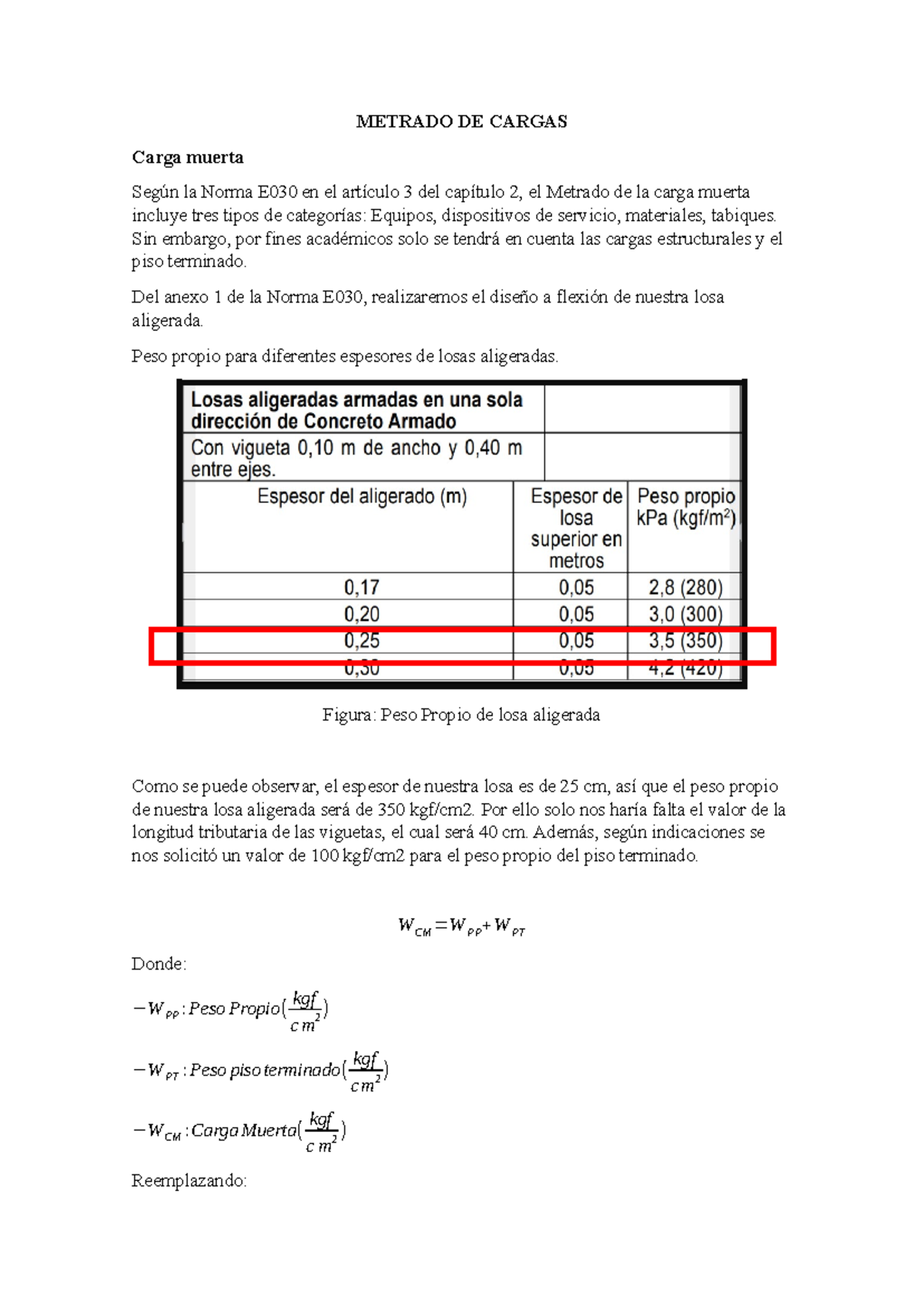 Metrado DE Cargas - METRADO DE CARGAS Carga muerta Según la Norma E030 en el artículo 3 del ...