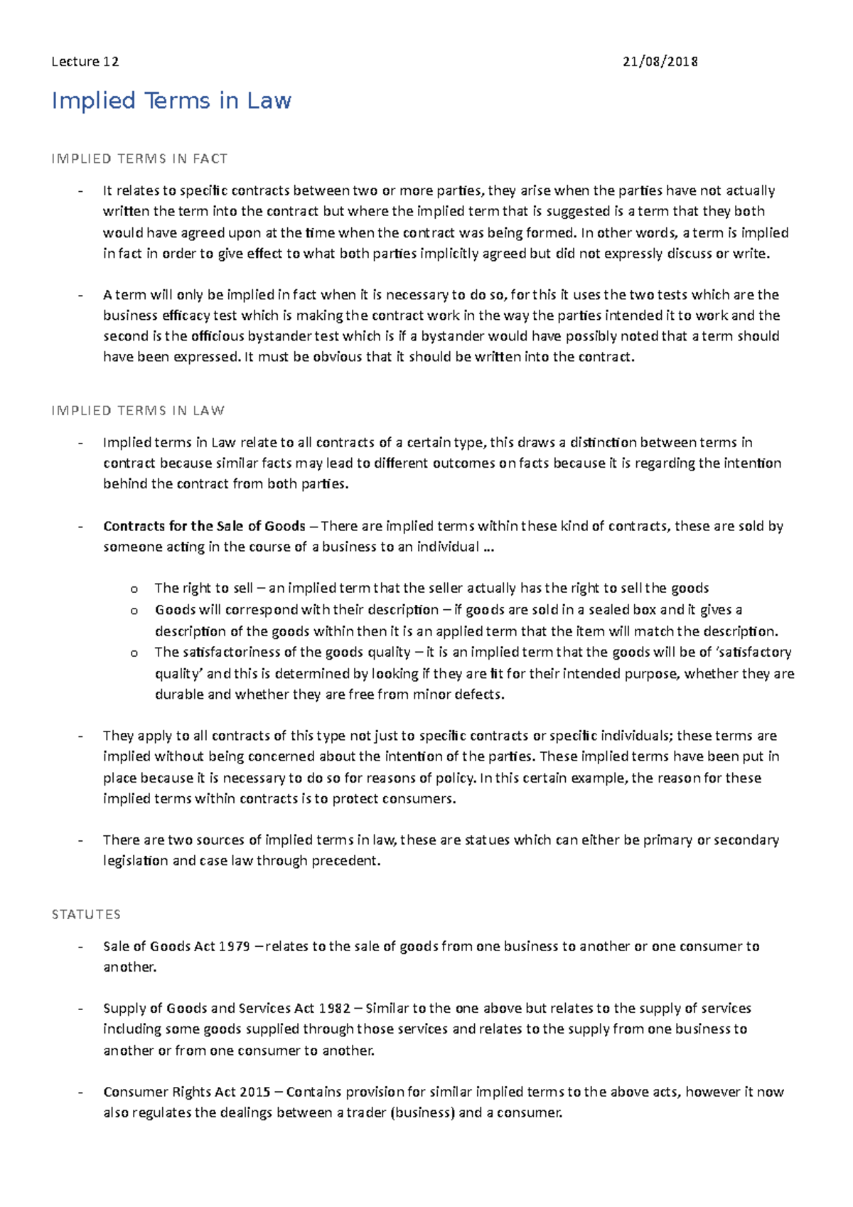 12. Implied Terms in Law - Lecture 12 21/08/2018 Implied Terms in Law IMPLIED TERMS IN FACT - It ...