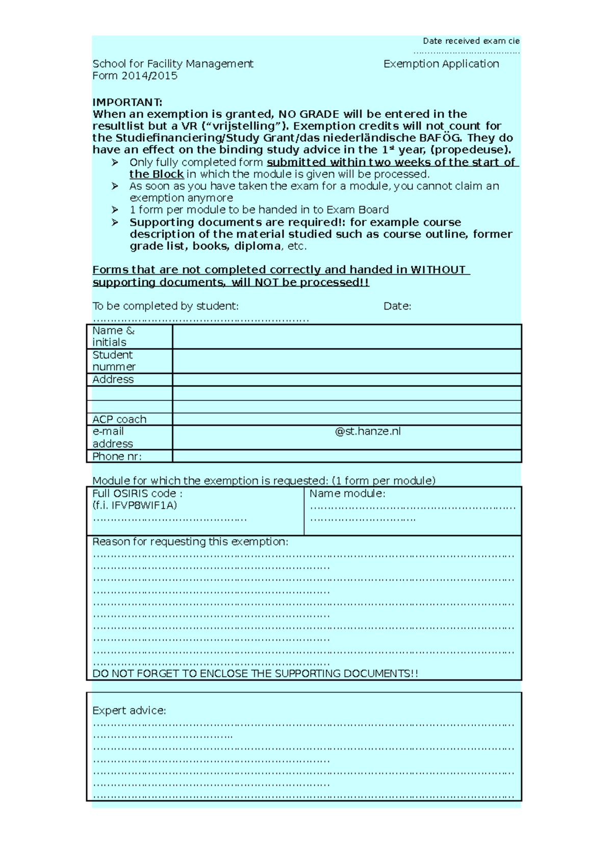 Exemption Application Form IFM - Date received exam cie