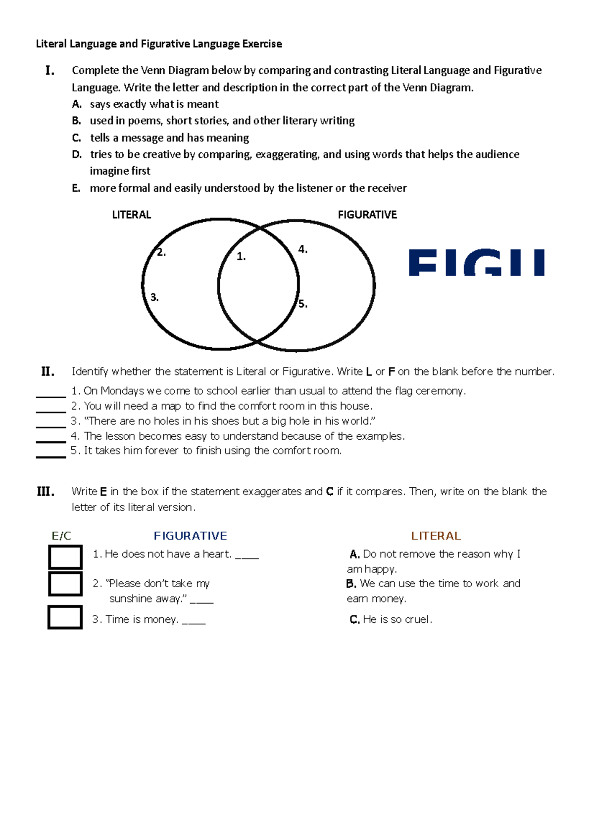 Literal and Figurative Laguage Exercise - Literal Language and ...