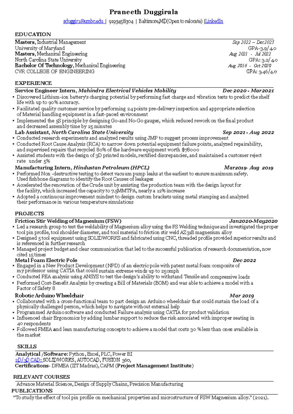 Praneethresume manufacturing - Praneeth Duggirala sduggir1@umbc | 9193458304 | Baltimore,MD(Open ...