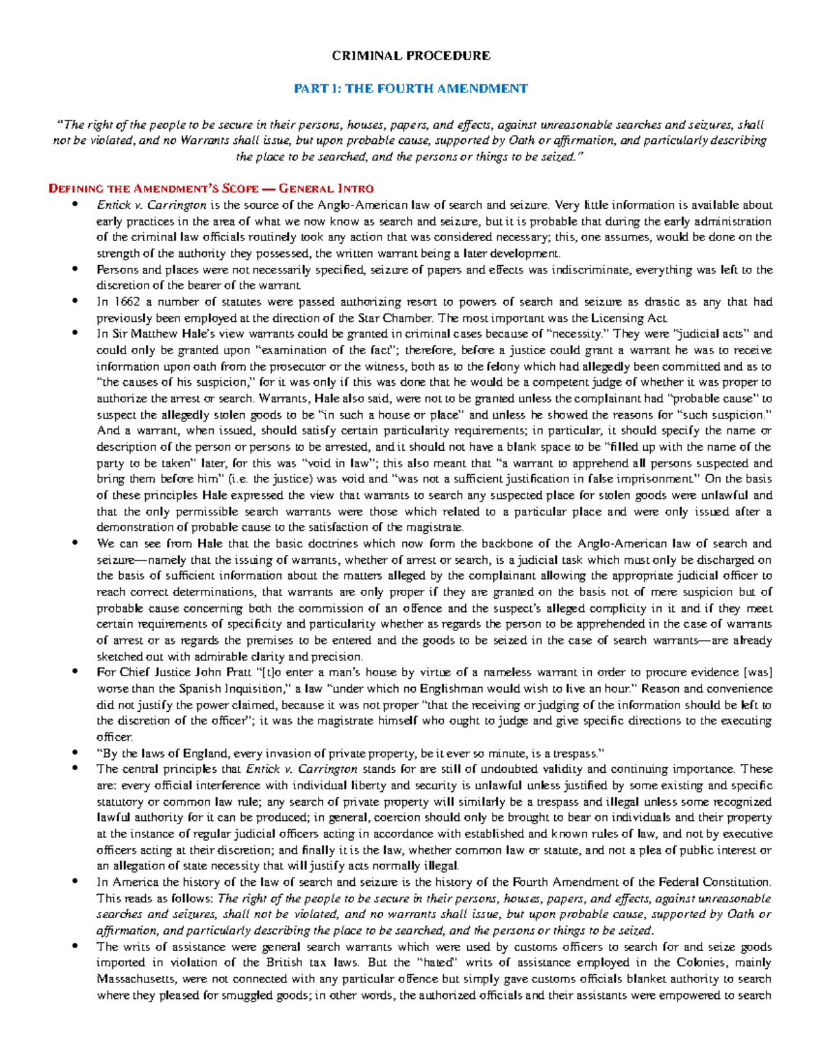 Criminal Procedure Outline - CRIMINAL PROCEDURE PART I: THE FOURTH ...