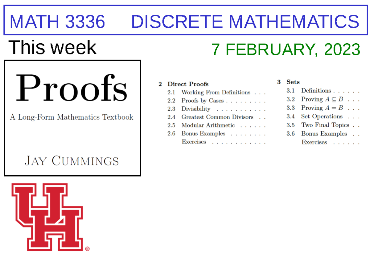 MATH 3336B 2023-02-07 Lecture 07 - MATH 3336 - MATH 3336 DISCRETE MATHEMATICS This week 7 ...