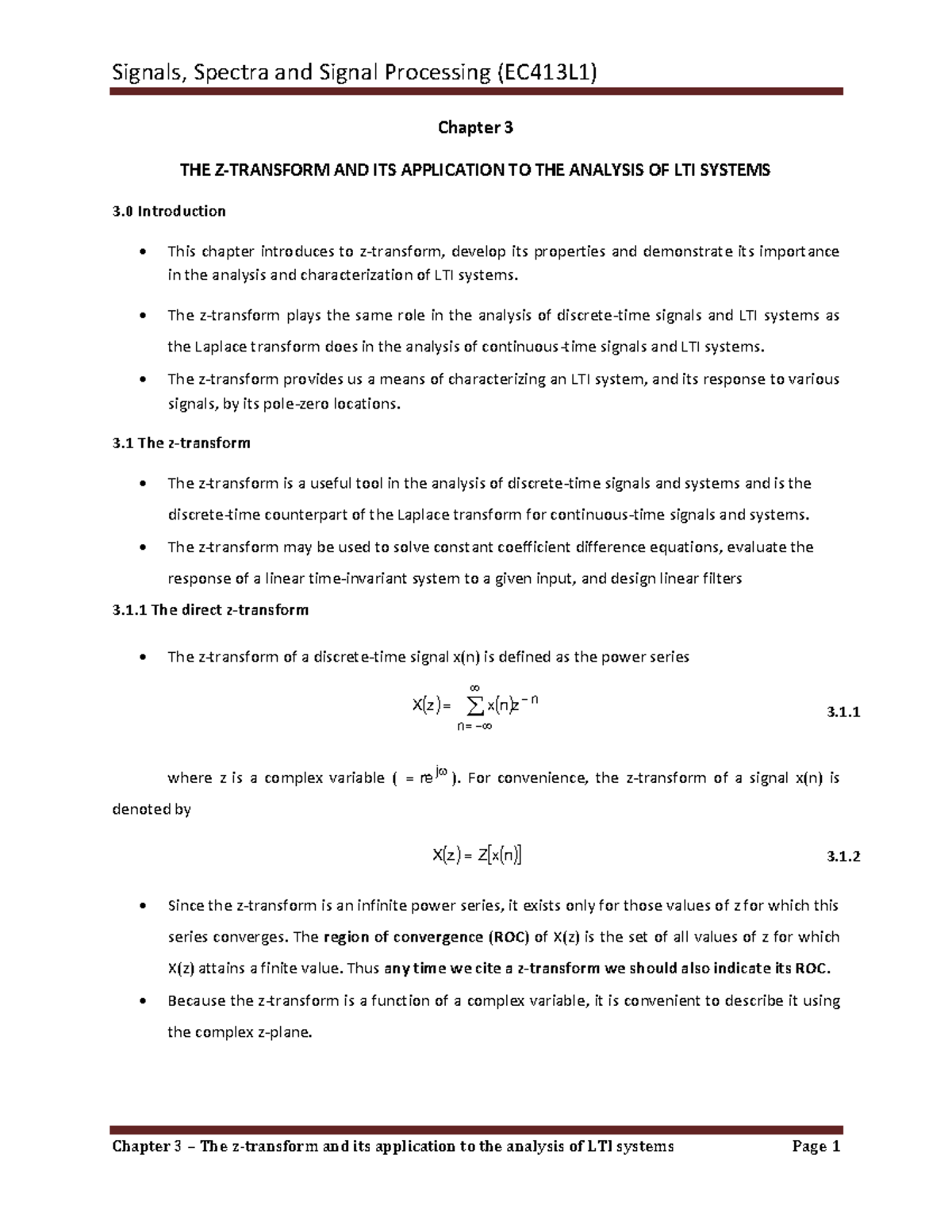 THE Z Transform AND ITS Application TO THE Analysis OF LTI Systems - Chapter 3 THE Z-TRANSFORM ...