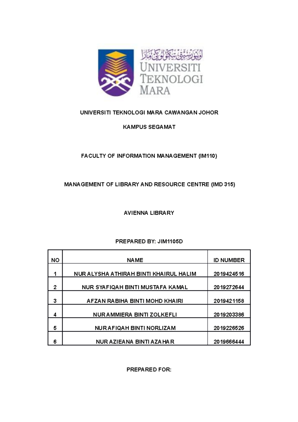 Avienna Library Proposal - UNIVERSITI TEKNOLOGI MARA CAWANGAN JOHOR ...
