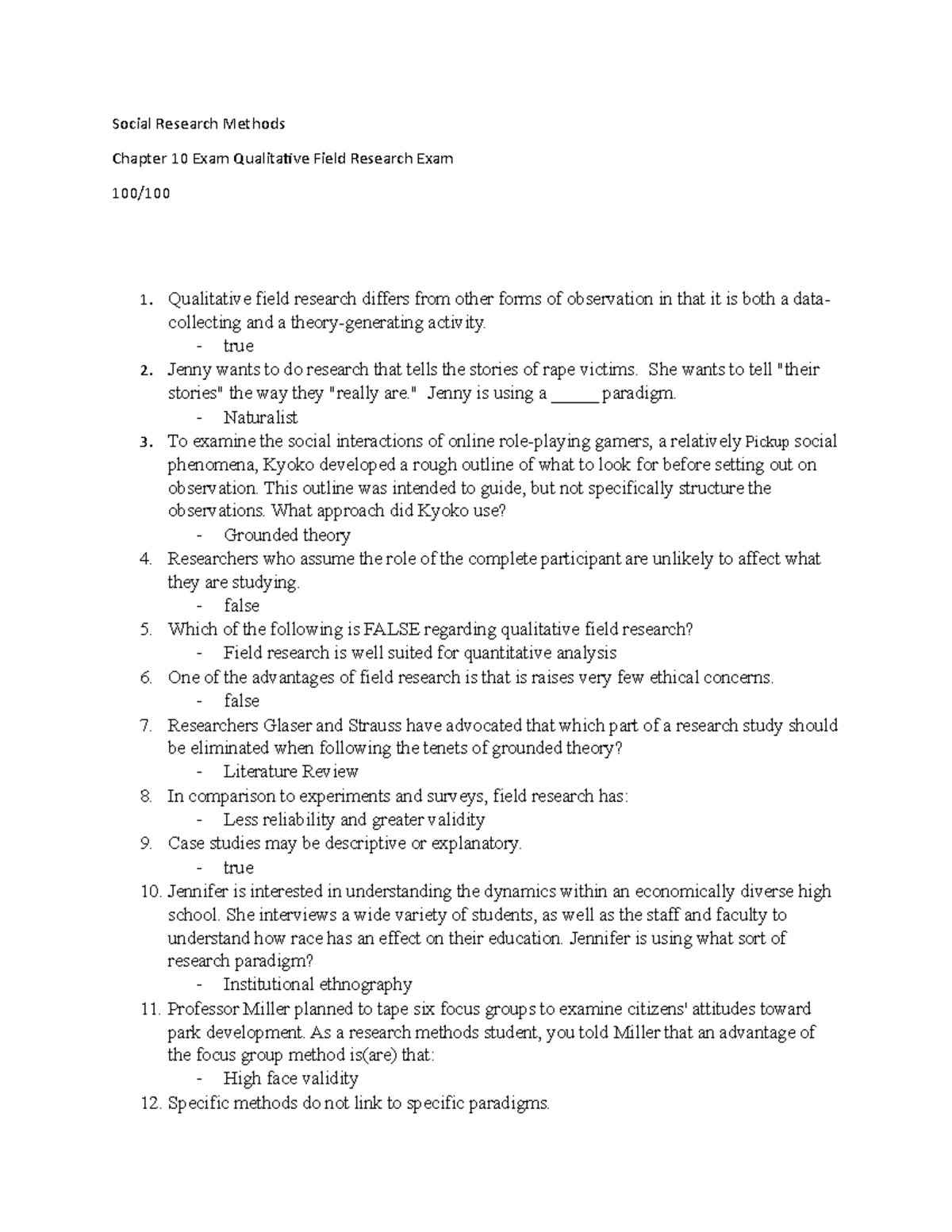 Social Reseach Methods Chapter 10 Exam Qualitative Field Research Exam ...