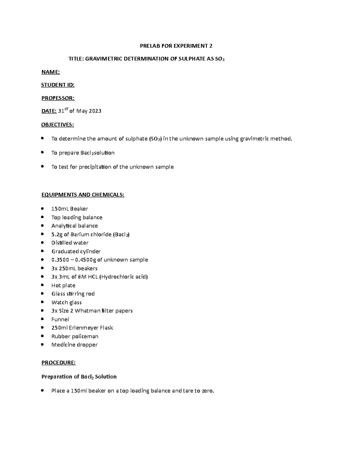 Prelab FOR Experiment 2 - PRELAB FOR EXPERIMENT 2 TITLE: GRAVIMETRIC DETERMINATION OF SULPHATE ...