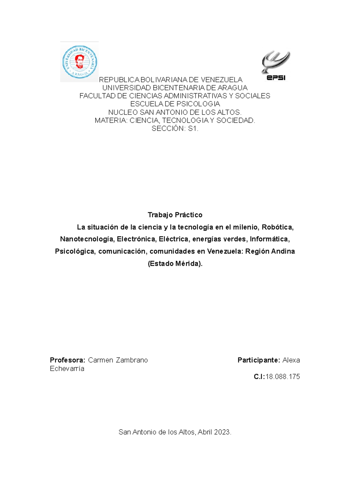 Trabajo Práctico - tara - REPUBLICA BOLIVARIANA DE VENEZUELA ...
