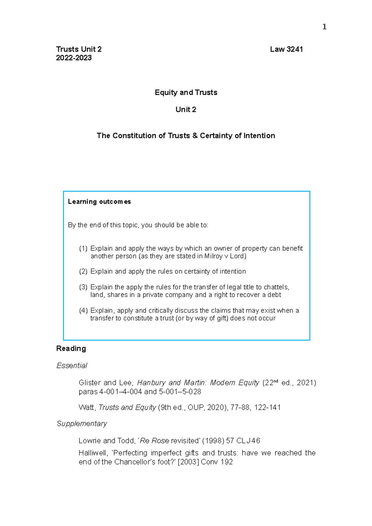 Trusts 2 - Handout (2022) - Trusts Unit 2 Law 3241 2022- Equity and Trusts Unit 2 The ...