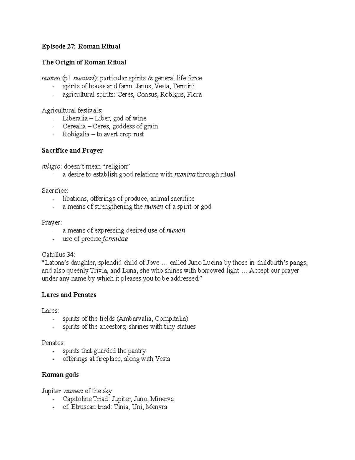 27 Roman Ritual - Nov 19 - Lecture notes 27 - Episode 27: Roman Ritual ...