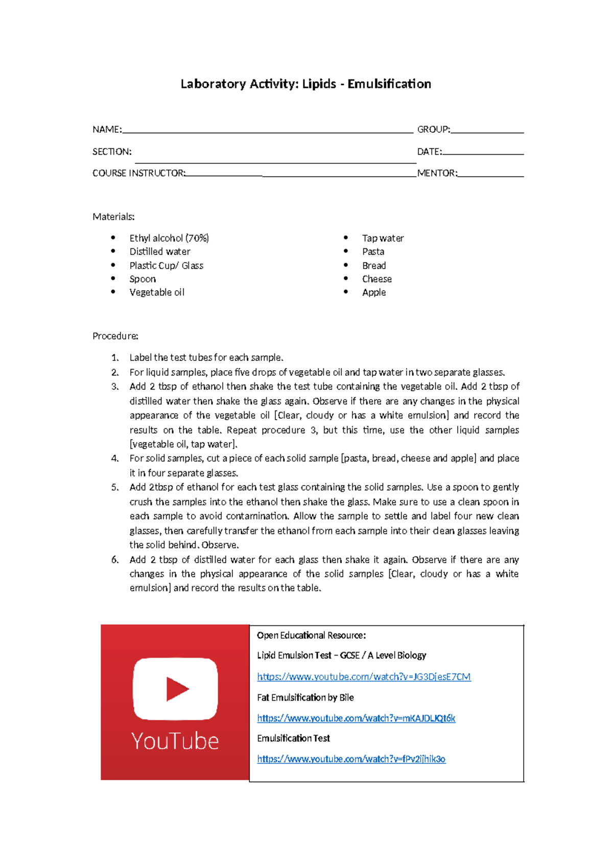 LAB ACT Lipids Emulsification - Laboratory Activity: Lipids ...
