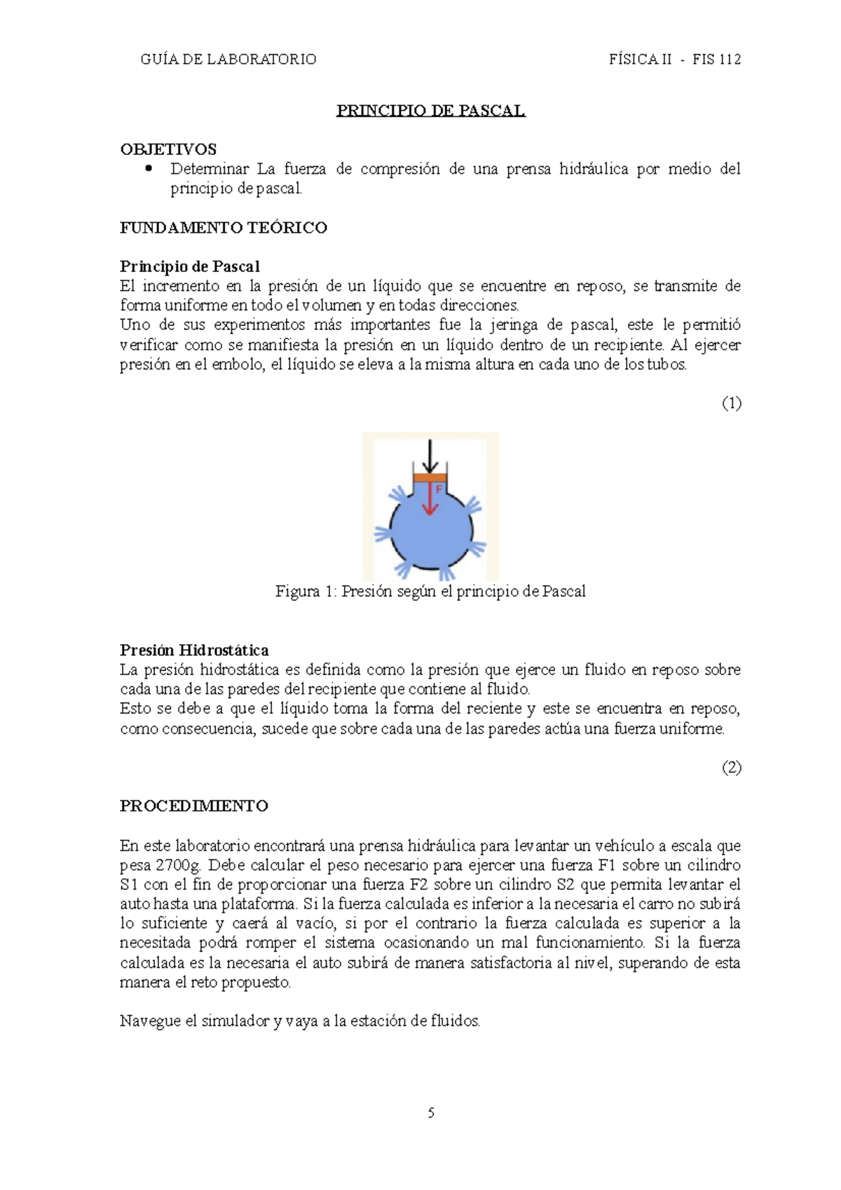 Fisica II - Practica Nro - PRINCIPIO DE PASCAL OBJETIVOS Determinar La fuerza de compresión de ...
