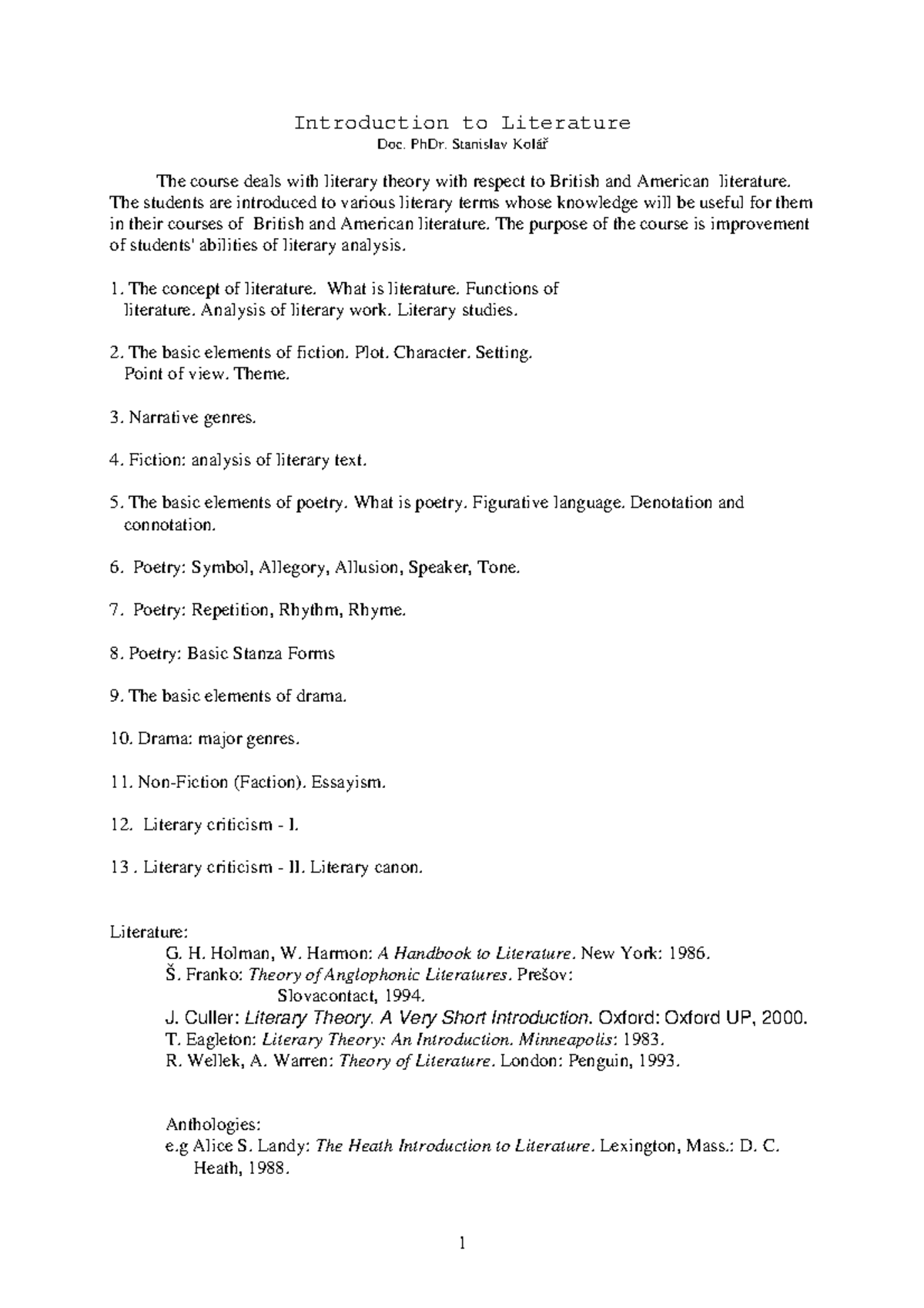 Introduction to literature - Introduction to Literature Doc. PhDr ...