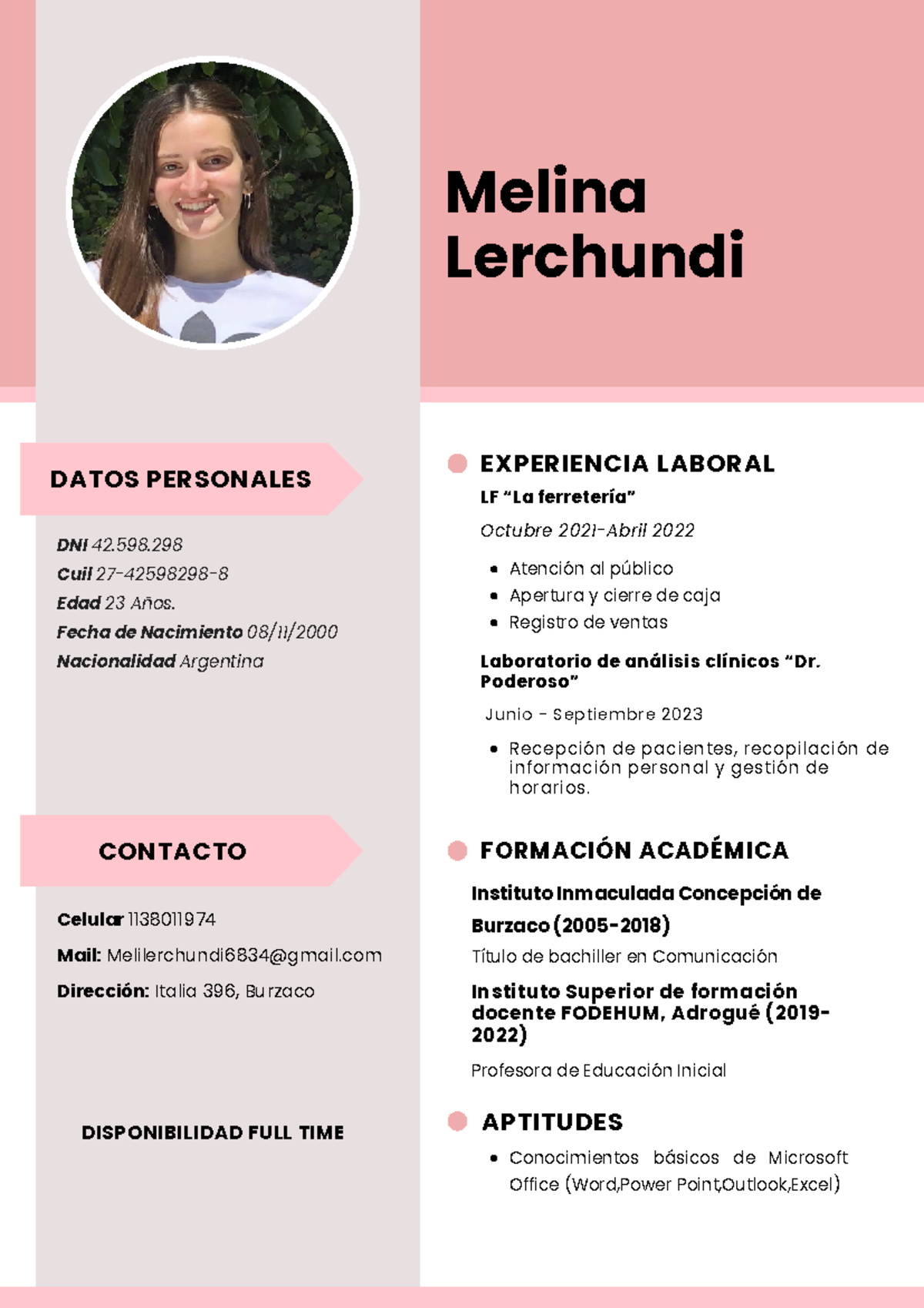 CV Laboral-Melina Lerchundi - EXPERIENCIA LABORAL APTITUDES CONTACTO LF ...