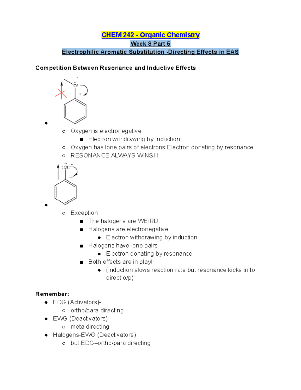 CHEM 242 Weeks 8 Lecture Notes Part 5 - Directing Effects in EAS - CHEM ...