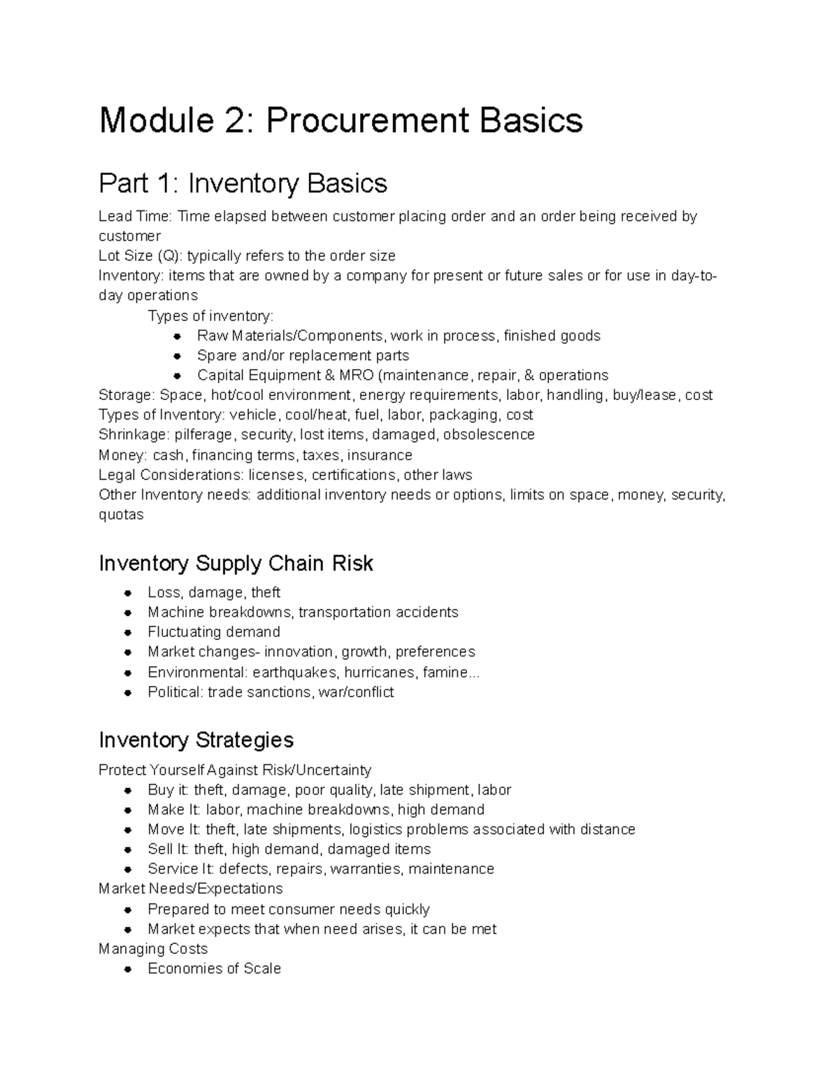 Module 2 Procurement Basics - Module 2: Procurement Basics Part 1: Inventory Basics Lead Time ...
