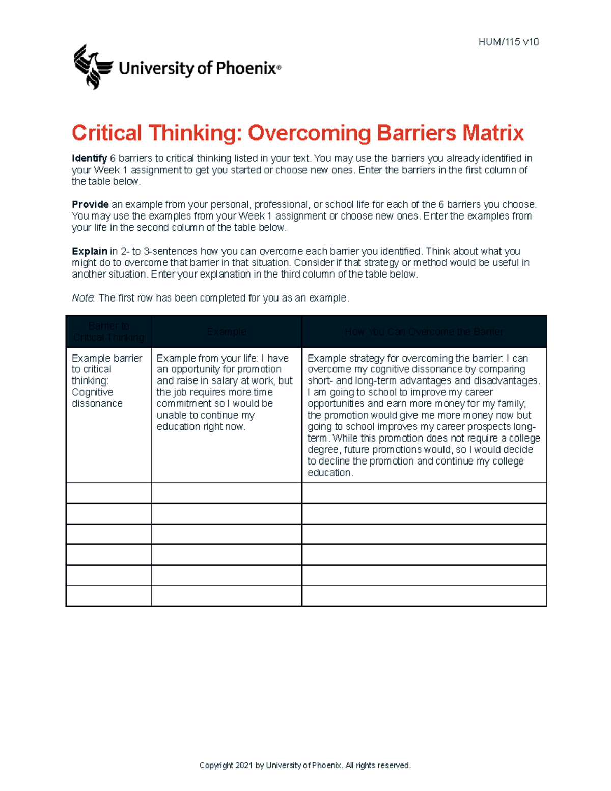 Hum115 v10 wk3 critical thinking overcoming barriers matrix - HUM/115 v ...