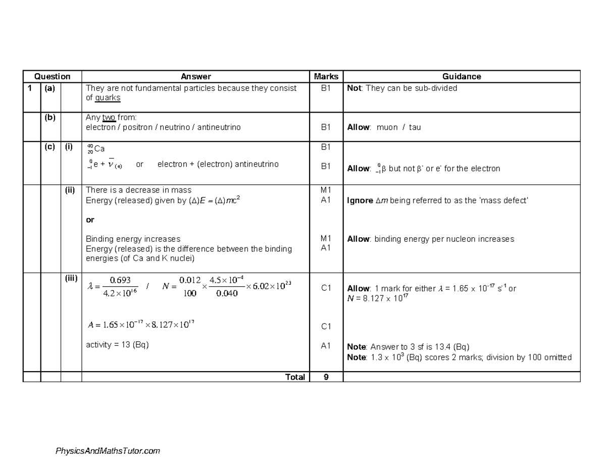 Nuclear and Particle Physics 1 MS - Question Answer Marks Guidance (a ...