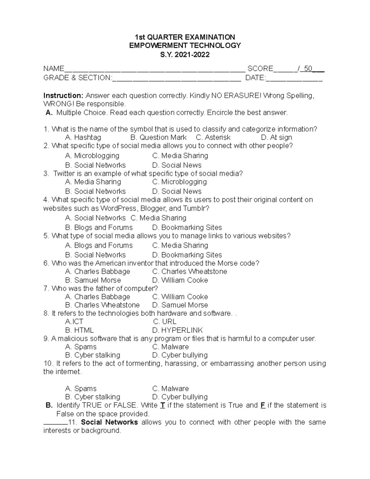 Em Tech - this will help you a lot - 1st QUARTER EXAMINATION ...