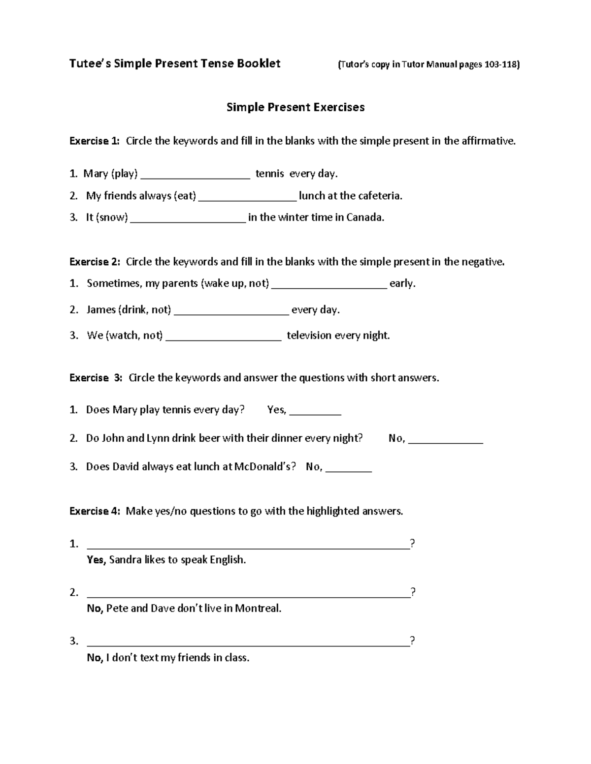 Simple Present Tense Booklet Tutee - Tutee’s Simple Present Tense ...