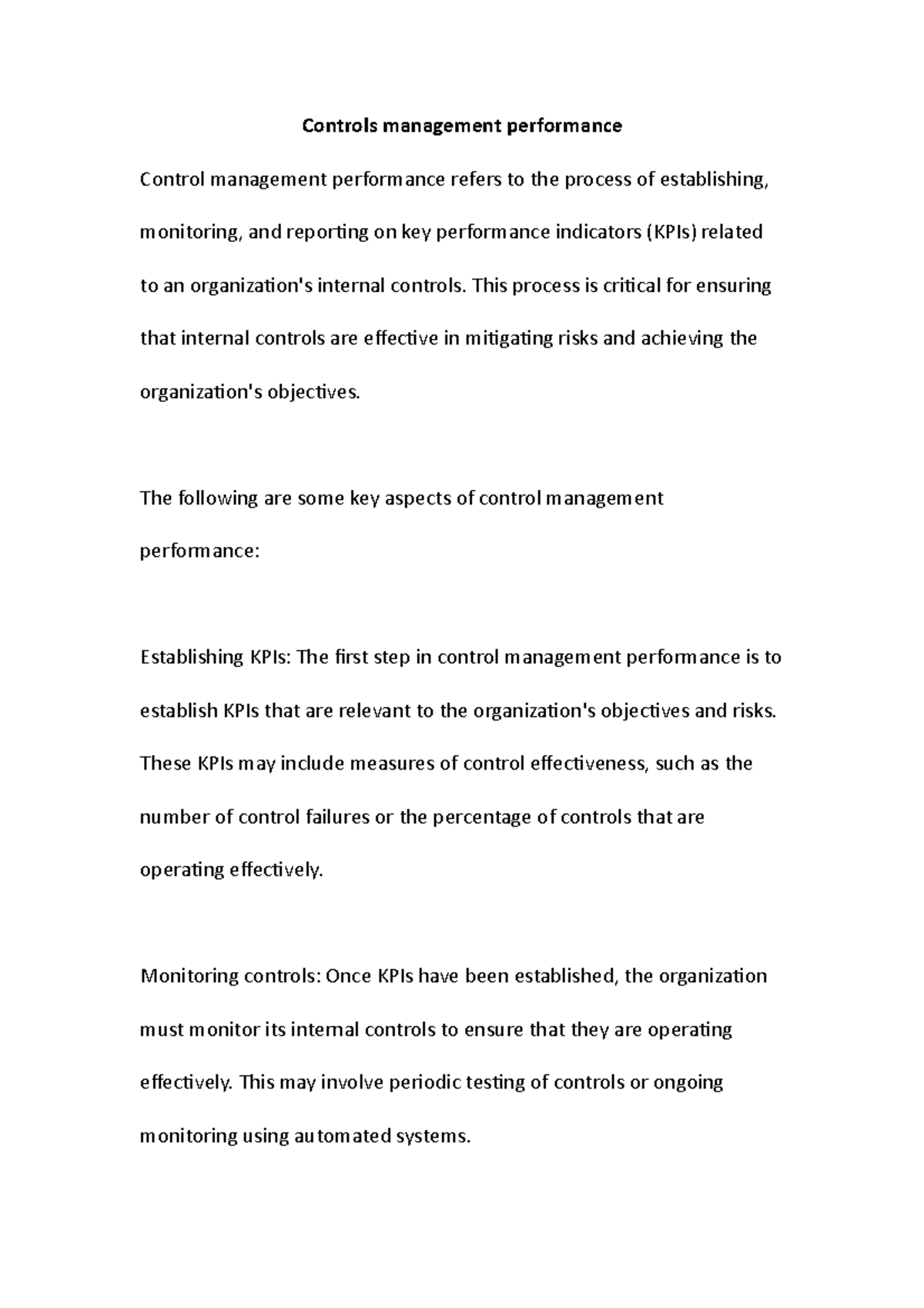 Controls management performance - Controls management performance ...