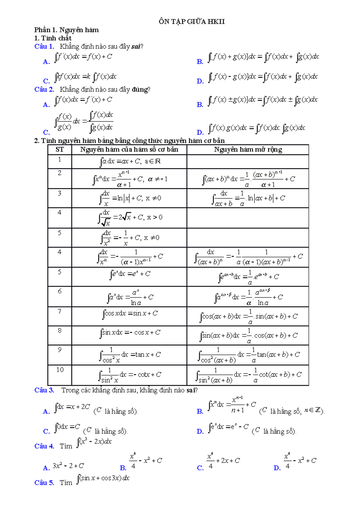 ÔN TẬP GIỮA HKII - đề ôn tập gkii toán 12 - ÔN TẬP GIỮA HKII Phần 1 ...