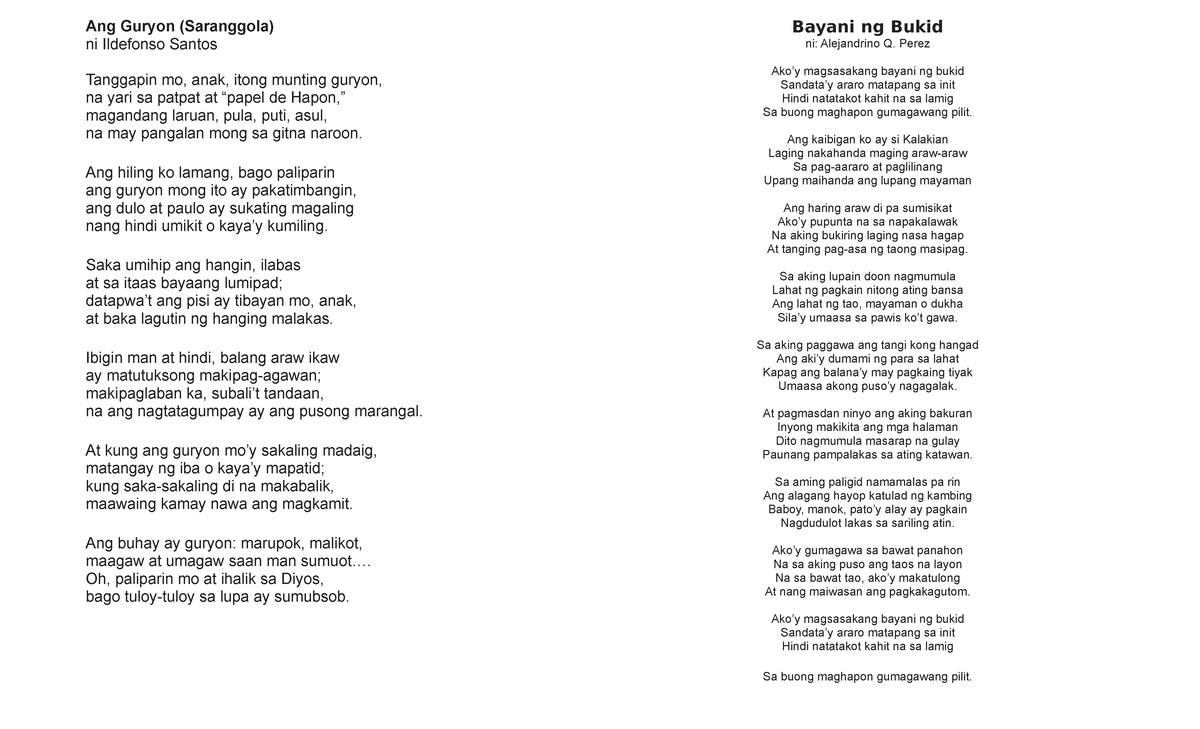 TULA- Pangkatang Gawain - Ang Guryon (Saranggola) ni Ildefonso Santos ...
