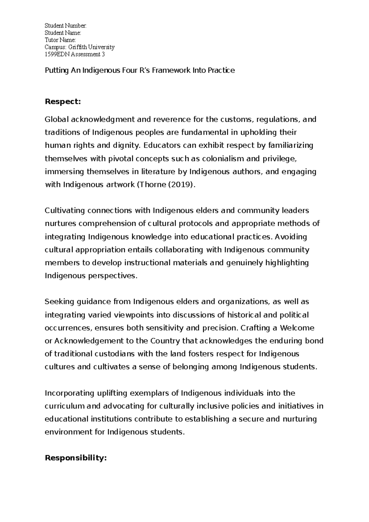 Indigenous Four R - Student Name: Tutor Name: Campus: Griffith ...