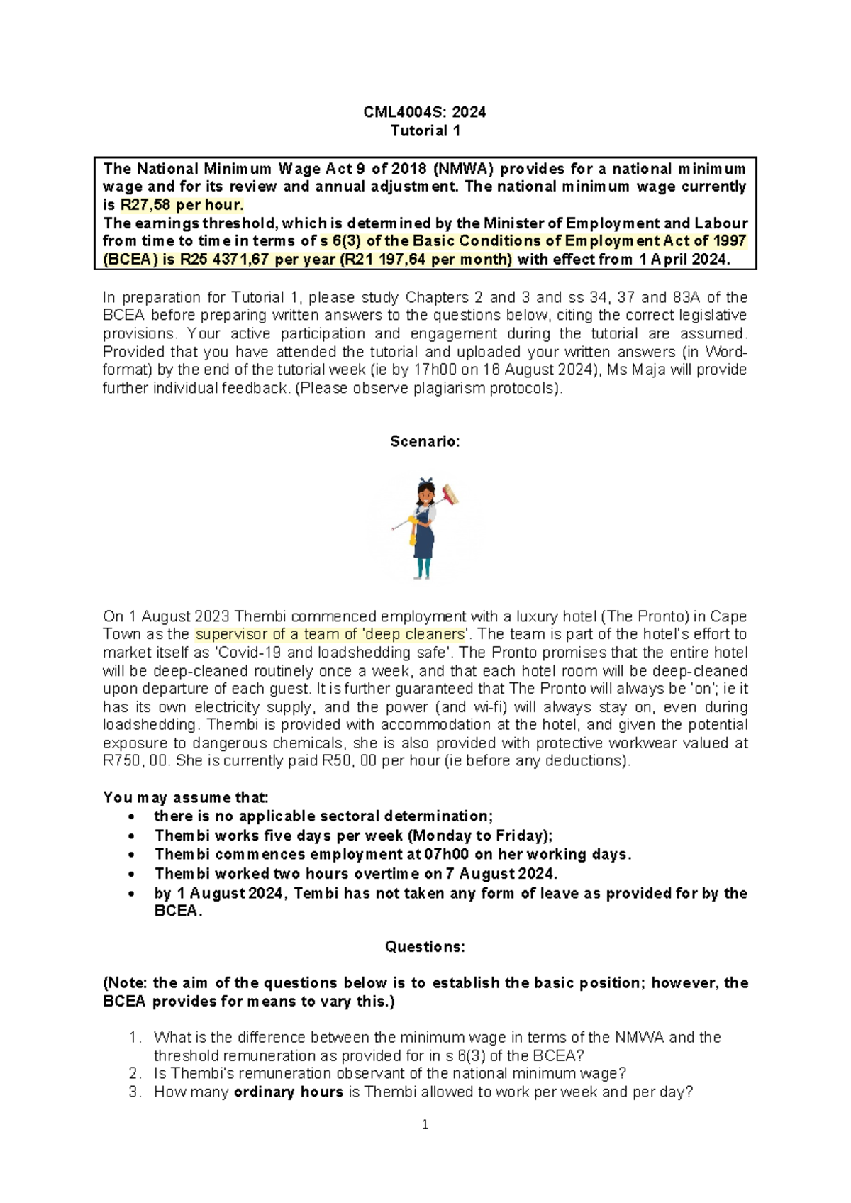 Tutorial 1 BCEA - 1 CML4004S: 202 4 Tutorial 1 The National Minimum ...