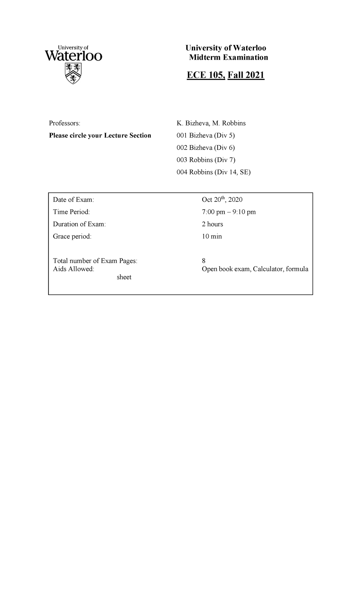 2021 ECE 105 Midterm exam - University of Waterloo Midterm Examination ...