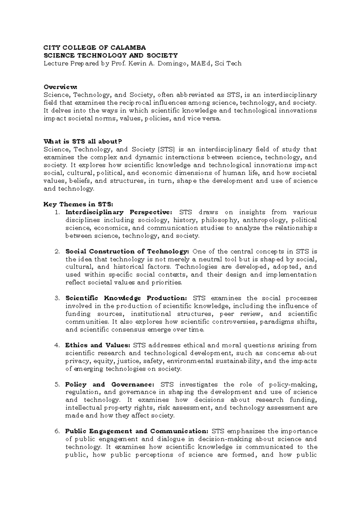 Prelim-Lectures - Science and social technology - CITY COLLEGE OF ...