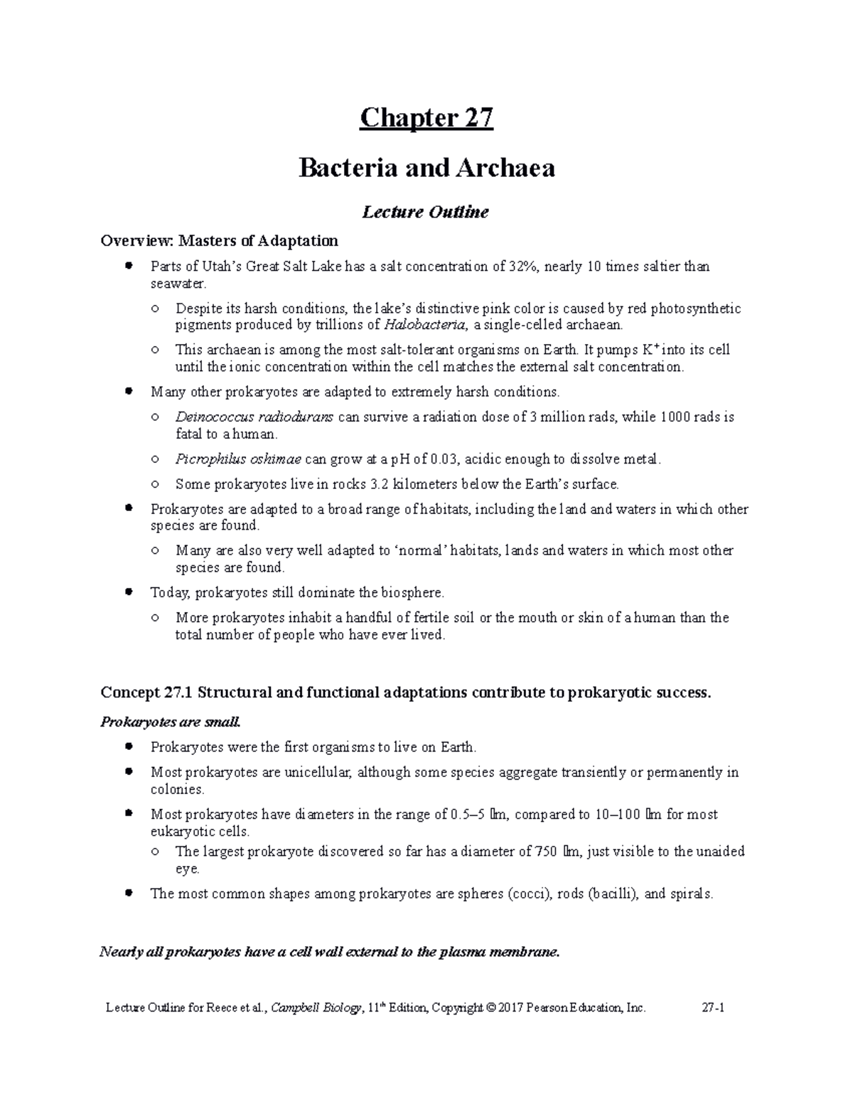 Reece 11e Lecture Ch27 - Chapter 27 Bacteria and Archaea Lecture Outline Overview: Masters of ...