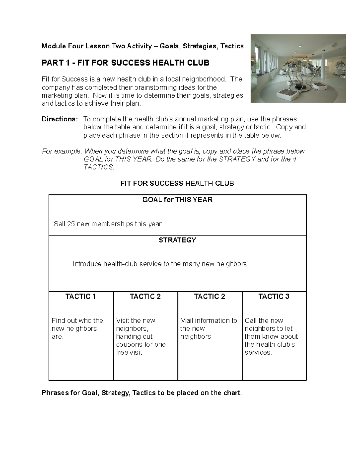 Module 4 Lesson 2 Activity – Goals, Strategies, Tactics - Module Four ...
