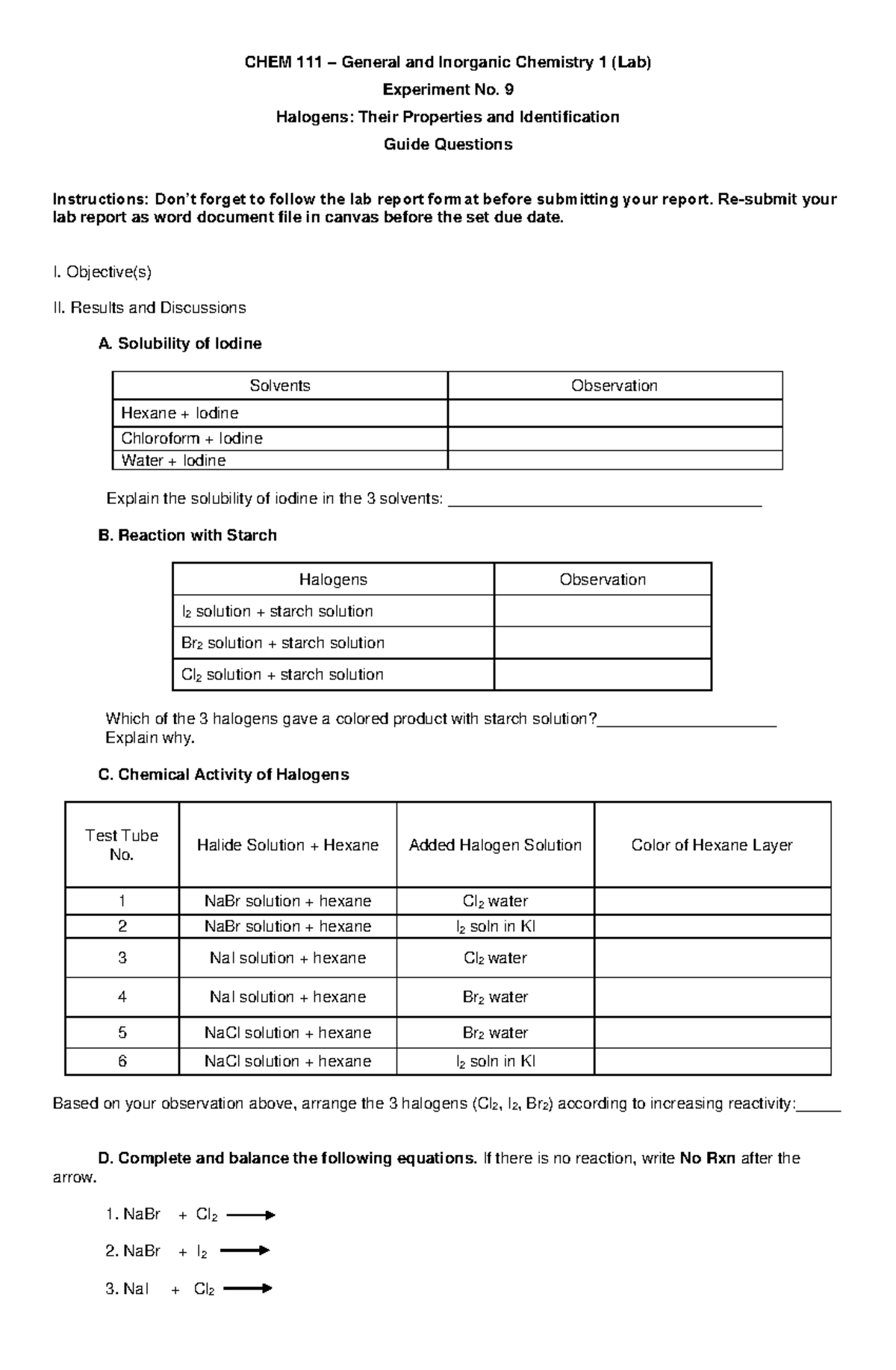 Expt. No. 9 - Halogens-Their Properties and Identification - CHEM 111 ...