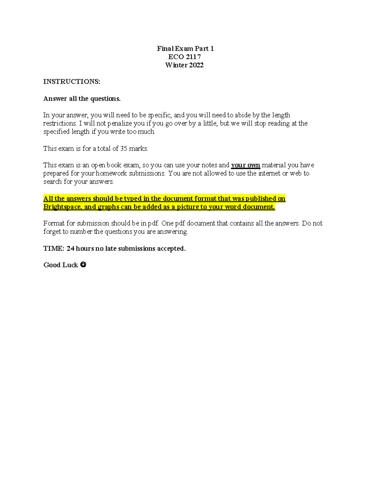 ECO2117 Final Exam 2022 - Final Exam Part 1 ECO 2117 Winter 2022 ...