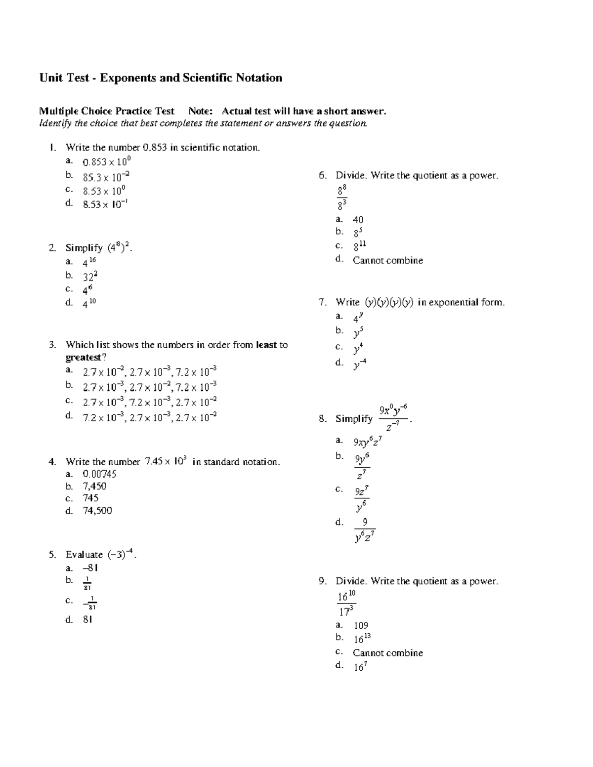 Exponents practice test - Unit Test - Exponents and Scientific Notation ...