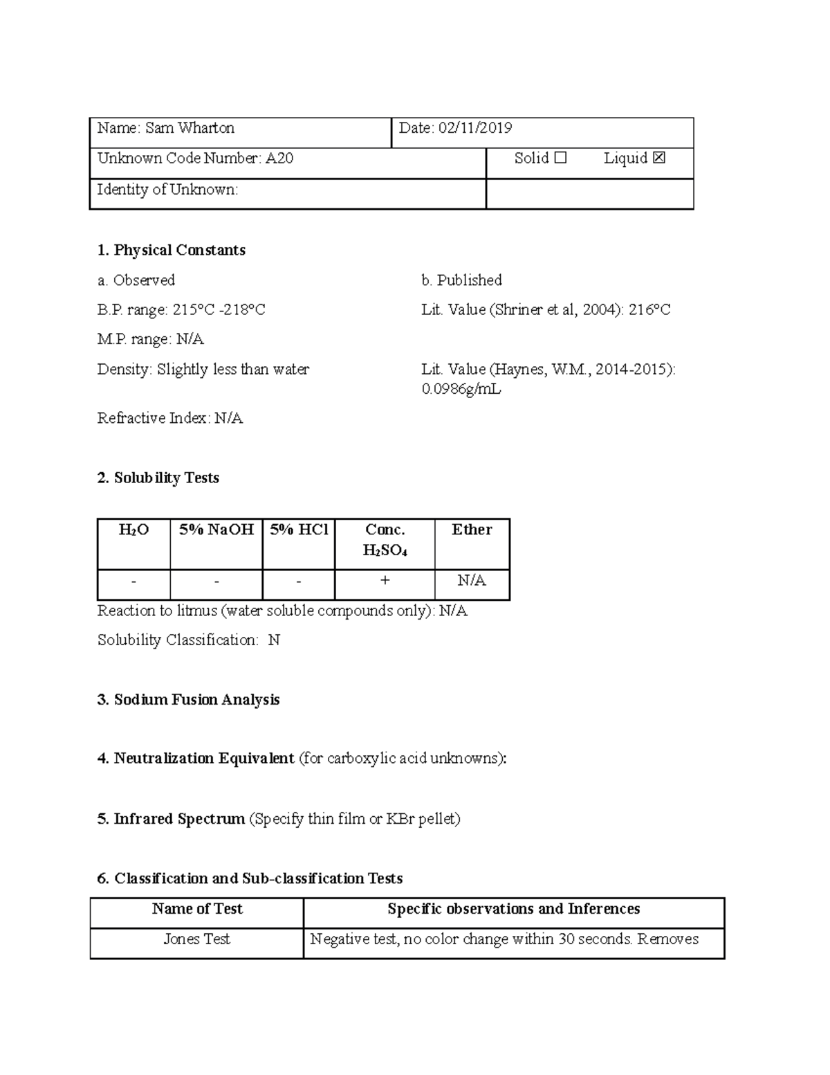 Organic Lab Unknown 1 Lab Report - Name: Sam Wharton Date: 02/11 ...