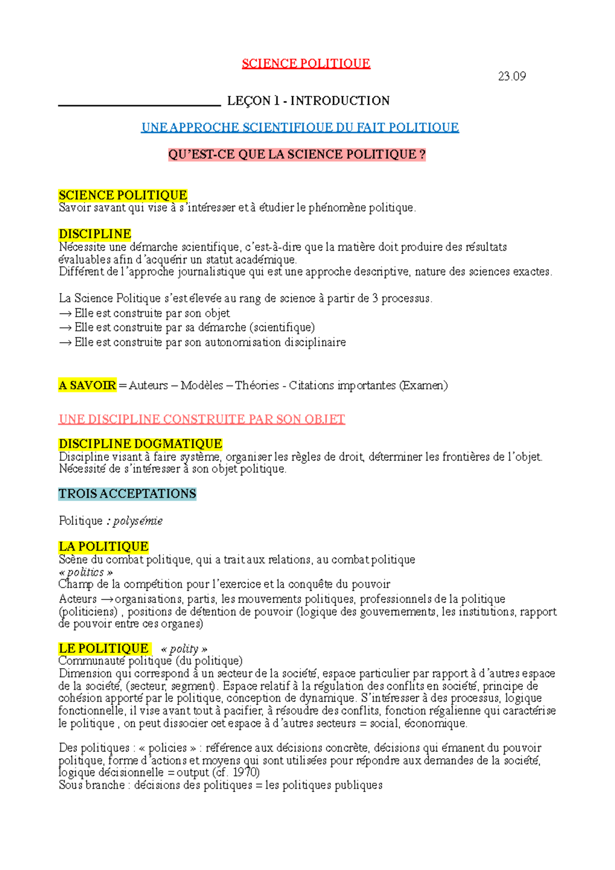 CM Science Politique LEÇON 1 - INTRODUCTION UNE APPROCHE SCIENTIFIQUE ...