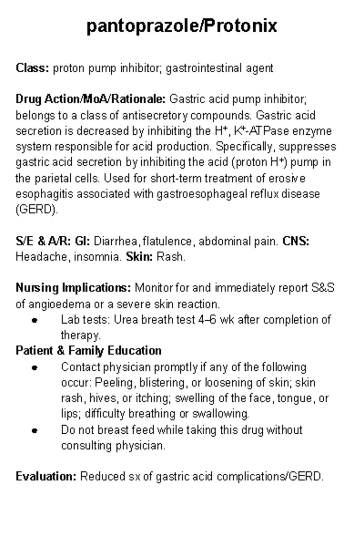 Week 10 drug cards - dddd - pantoprazole/Protonix Class: proton pump ...