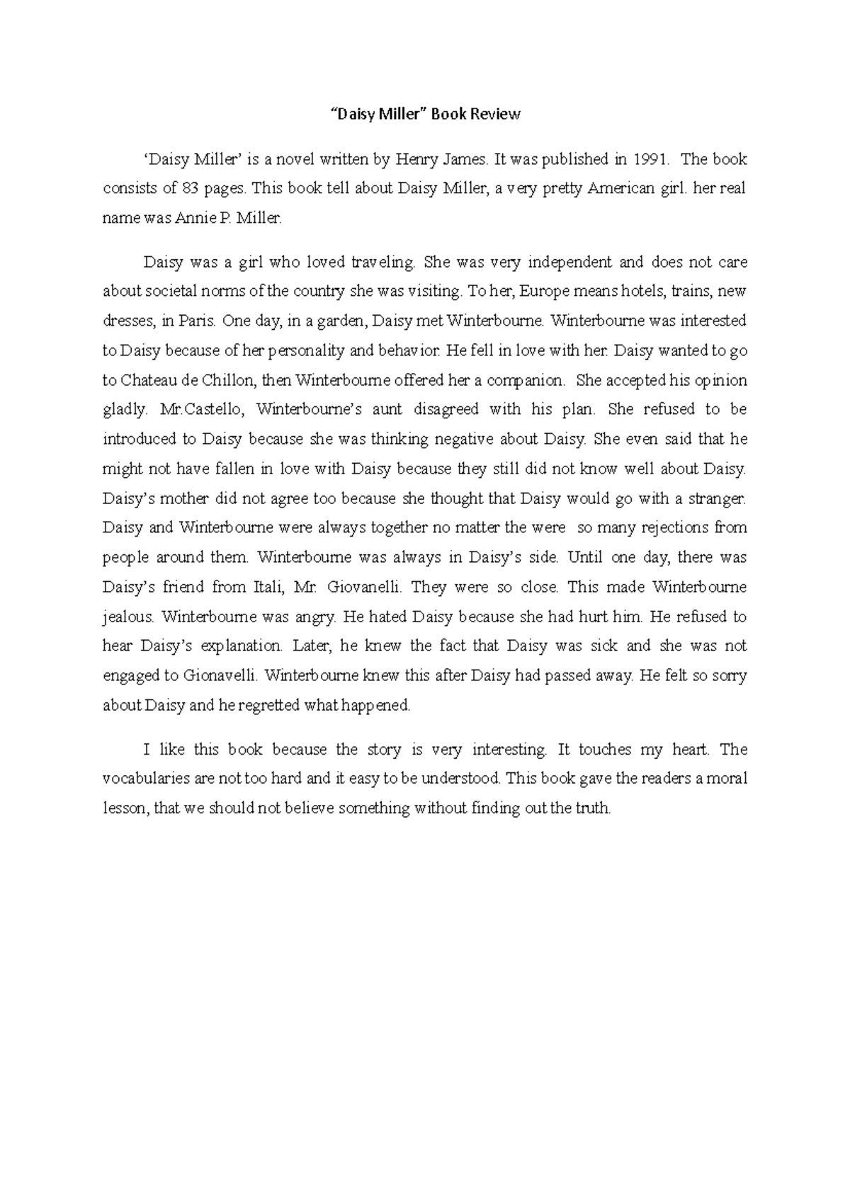 Daisy Miller (Book Review) - “Daisy Miller” Book Review ‘Daisy Miller ...